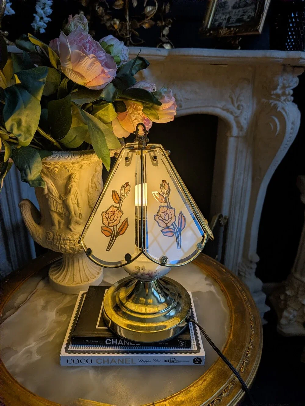 Vintage | Accents | Vintage Gold 6 Glass Panel Pink Floral Design ...